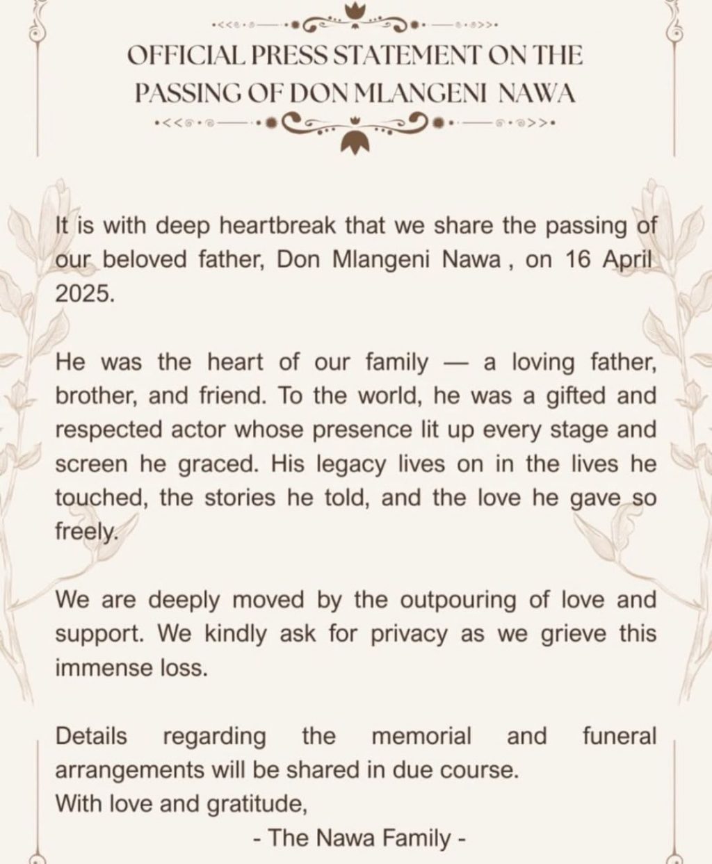 Family confirms the passing of veteran actor Don Mlangeni Nawa - BUZZ ...